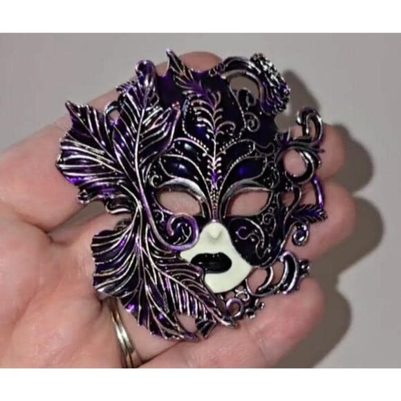 Jewelry | Enameled Masquerade Mask Brooch Purple Silver Tone Pendant ...